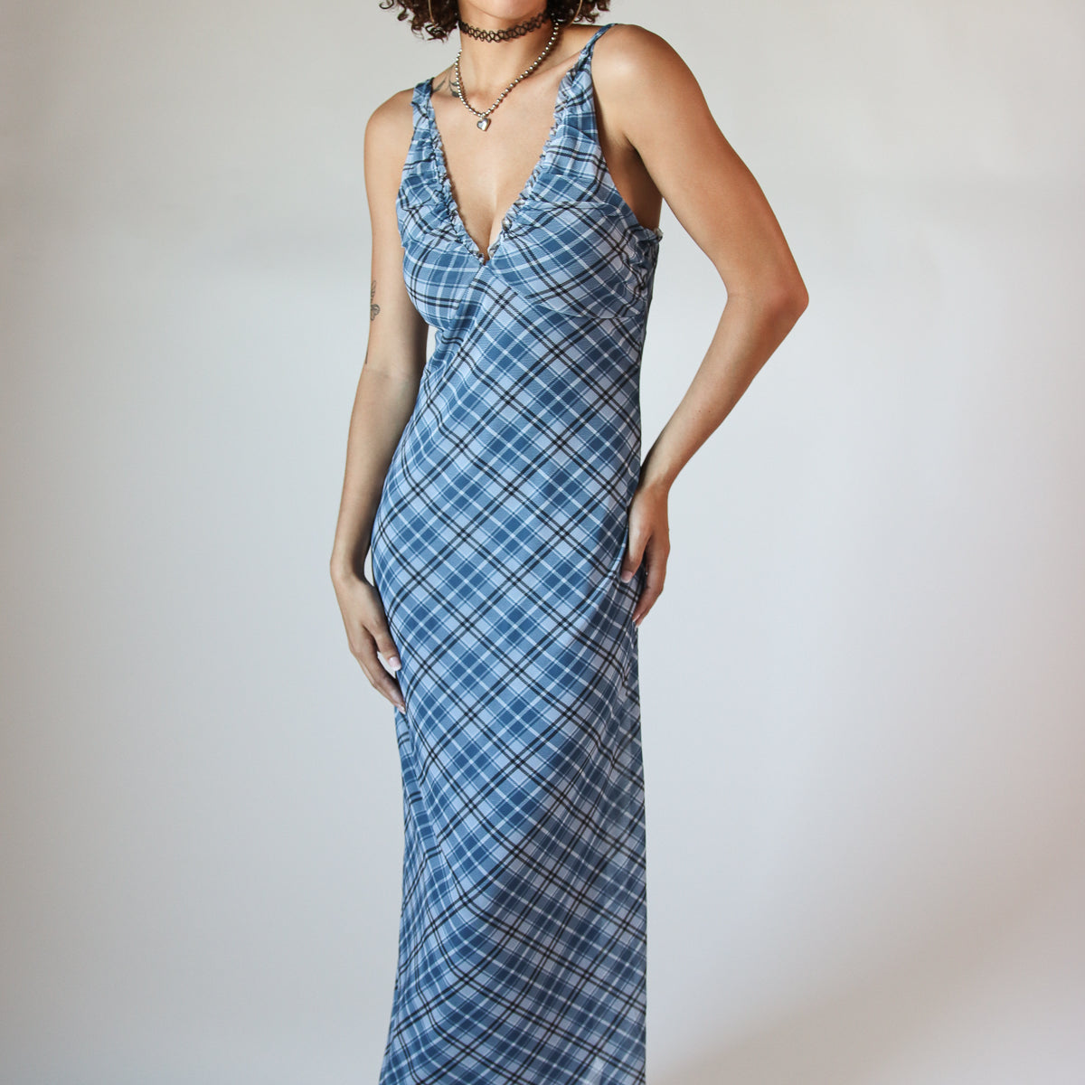 Mesh Plaid Cami Plunge Maxi Dress – Ragstock