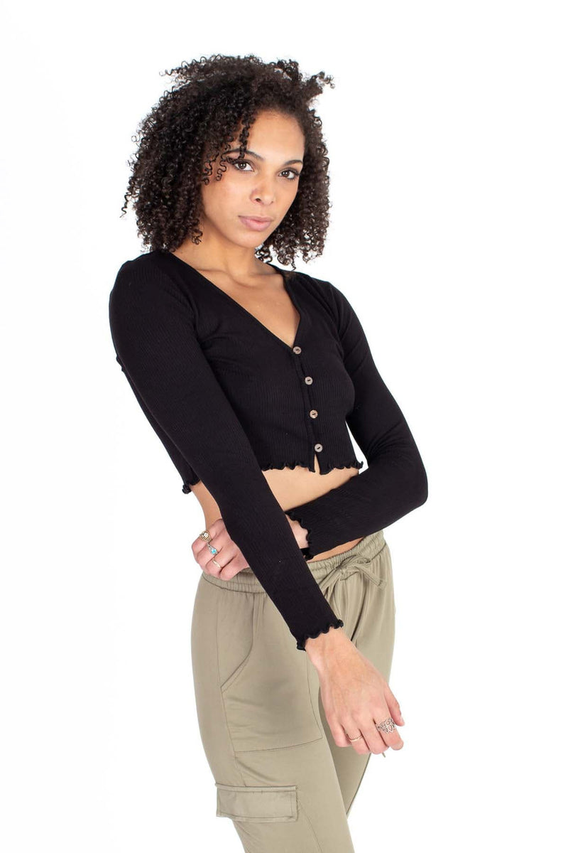 Black Button Down Long Sleeve Crop – Ragstock