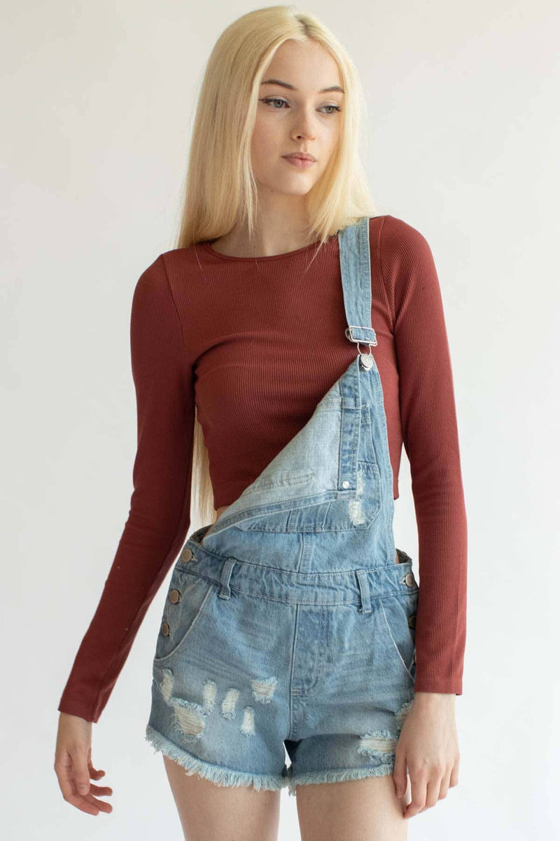 Light Wash Distressed Overall Shorts – Ragstock