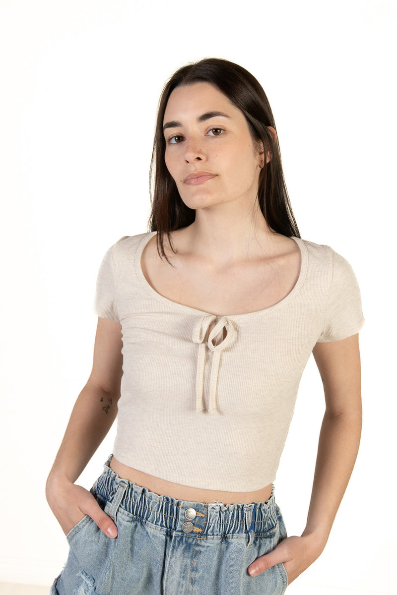 Oatmeal Tie Front Ribbed Tee – Ragstock