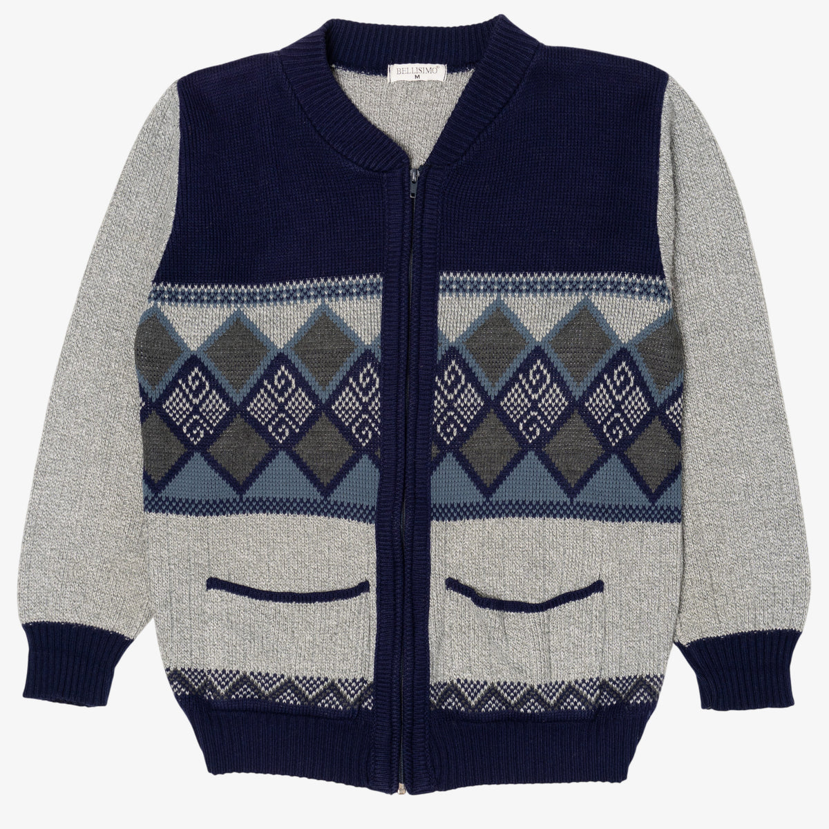 Vintage Gray And Navy Blue Bellisimo Zip Up Sweater (1990s) – Ragstock